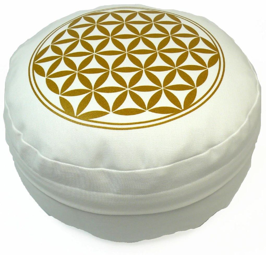 S radostí - vlastní výroba Meditační polštář se zlatým Květem života - bílý Velikost: ∅30 x v12 cm