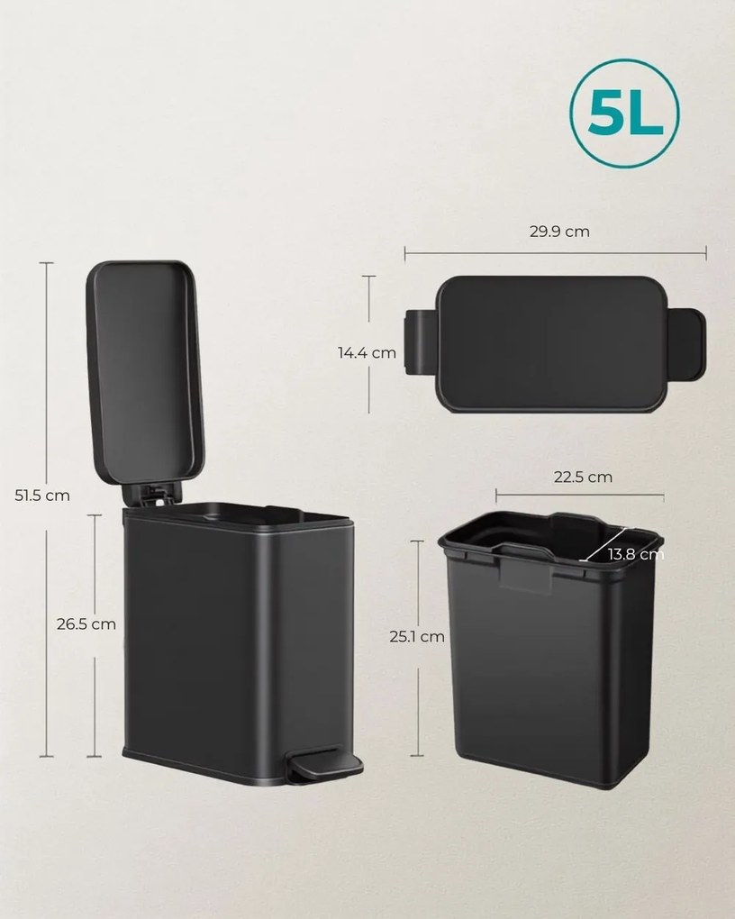 Koupelnový odpadkový koš NORD, 5 l, černý SongmicsHome