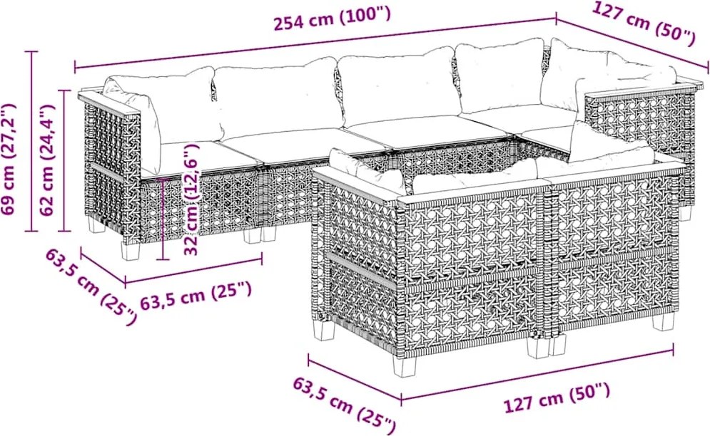 7dílná zahradní sedací souprava s poduškami šedá polyratan 3261885