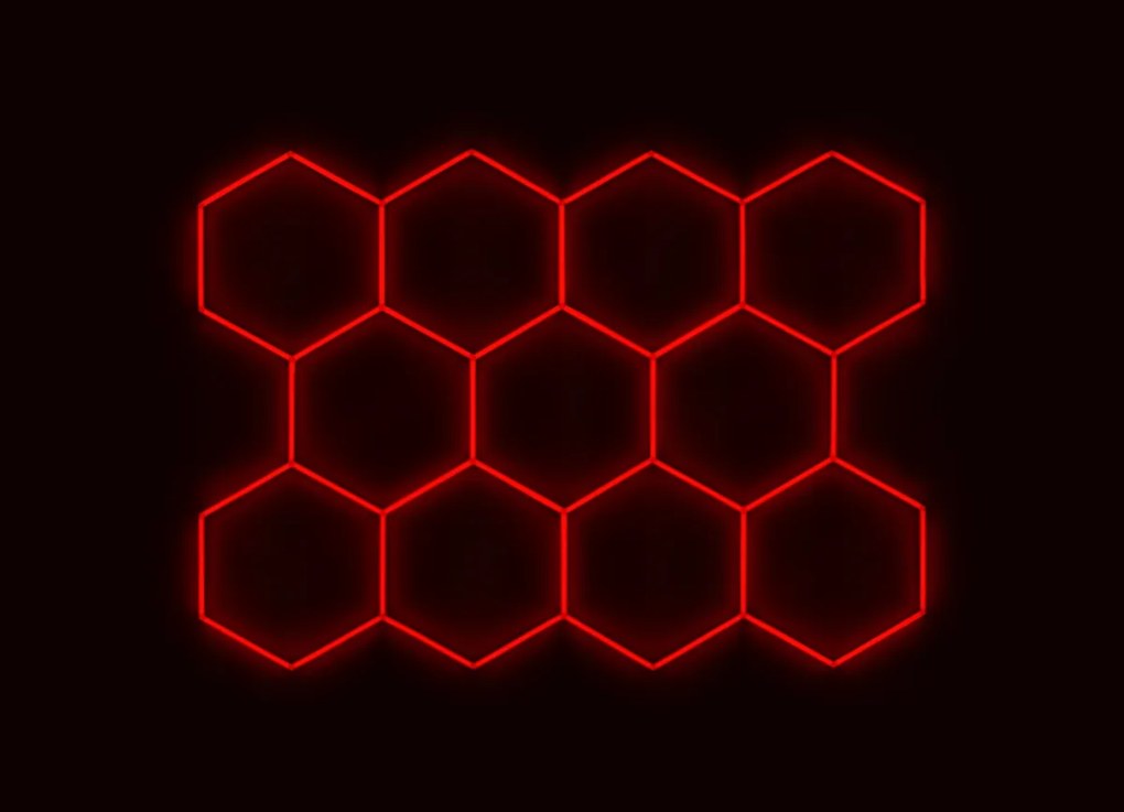 Kompletní Led hexagonové svítidlo červené, rozměr 11 elementů 336 x 238 cm