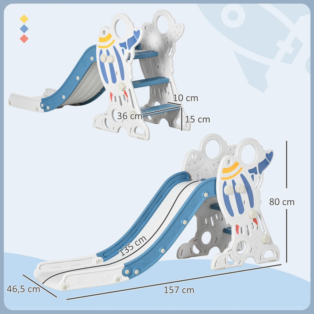 Skluzavka pro děti od 1,5 do 3 let, design rakety, sada samolepek, modrá, 157 x 46,5 x 80 cm