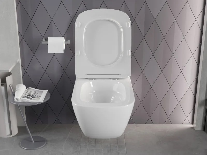 Mexen Timo, závěsná WC mísa 555x370x335 mm, Rimless Tornádo + WC sedátko z duroplastu, bílá lesklá, 30650200T
