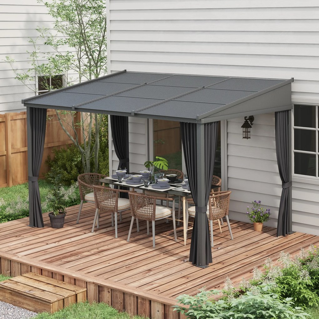 Pergola Outsunny, 3,65 x 2,55 m, Pavilon, Kryt terasy s posuvnou střechou, Zahradní pergola s závěsy, pro zahradu, dvůr, Hliník + kov, Tmavě šedá