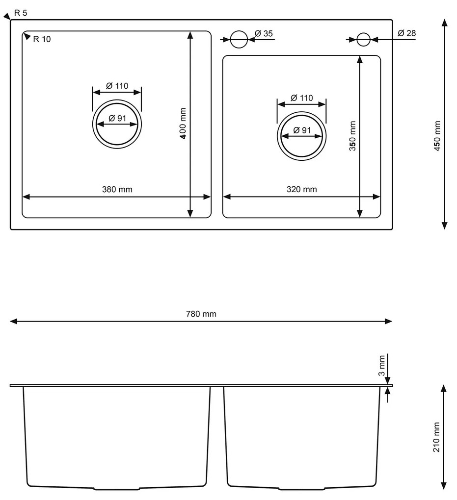 Velazo Dřez 2 komory, nerez - , 78x45 cm, zlatý