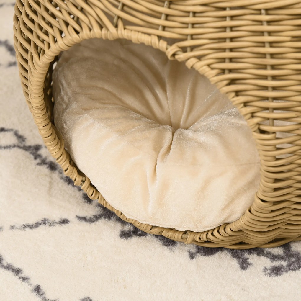 PawHut Kočka Dům Postel Kočičí Košík Dům v Obřím Střihu z Rattanu s Měkkým Polštářem Ø 40 x 30 cm světle hnědý | Aosom