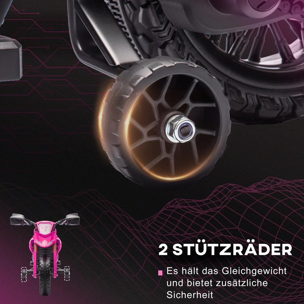 AIYAPLAY Elektrická motorka pro děti, 12V dětská motorka s tréninkovými koly, dětské vozidlo s klaksonem a zvukem startování, 3 km/h, růžová barva