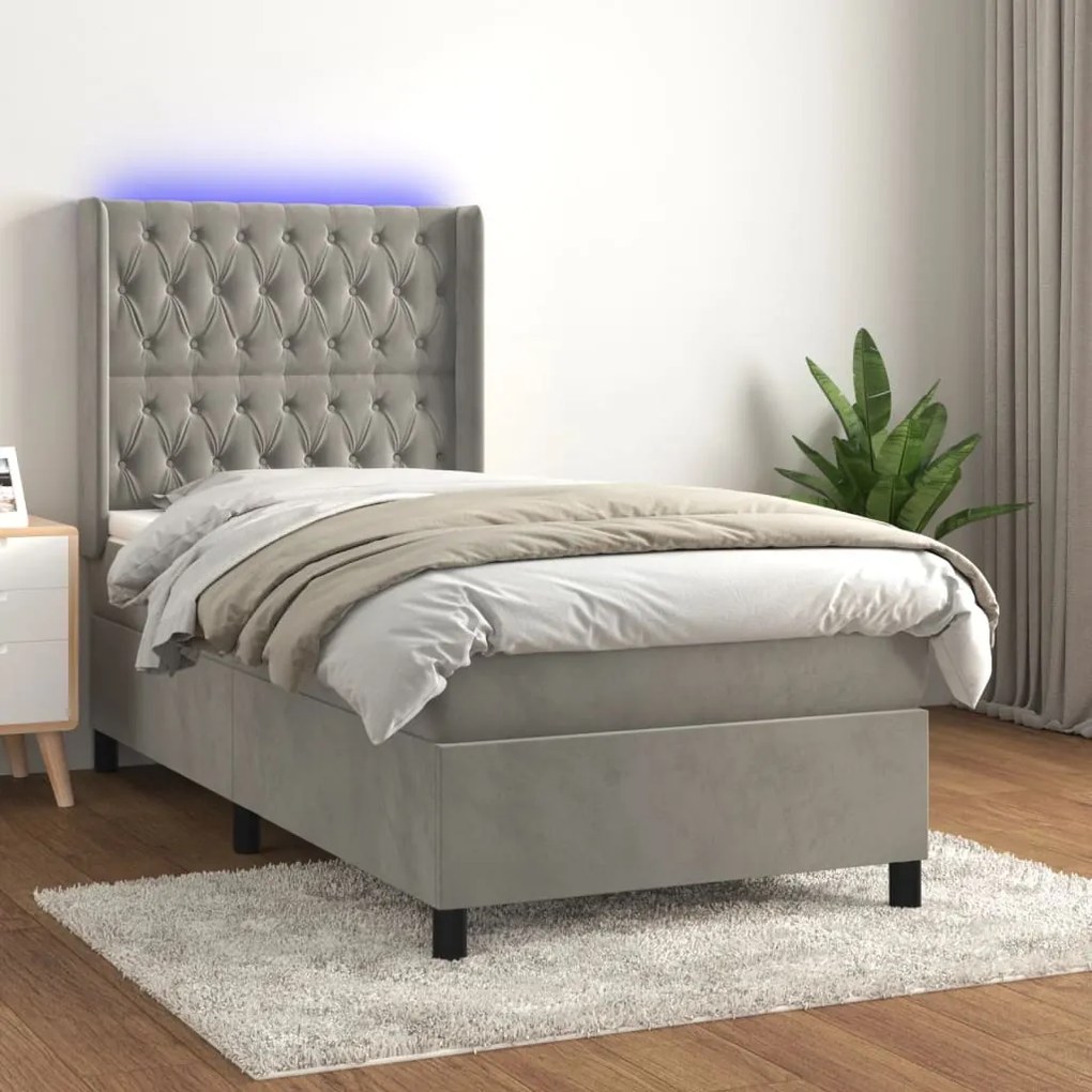 Box spring postel s matrací a LED světle šedá 90x190 cm samet,  3139715
