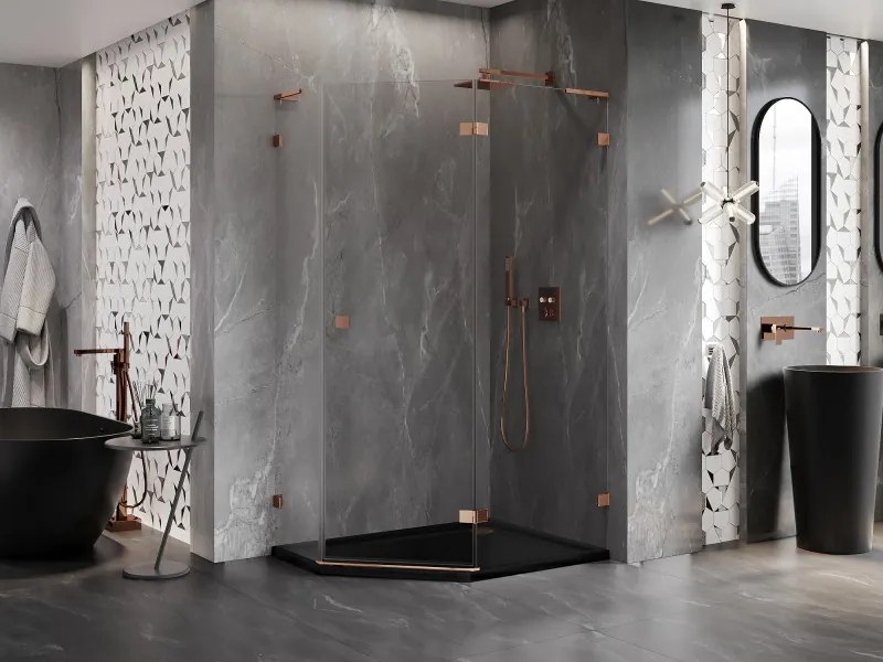 Mexen Lunar, L pravý výklopný pětiúhelníkový sprchový kout 100 x 80 cm, 8mm čiré sklo, profil růžové zlato, 831L-100P-080L-60-00-P