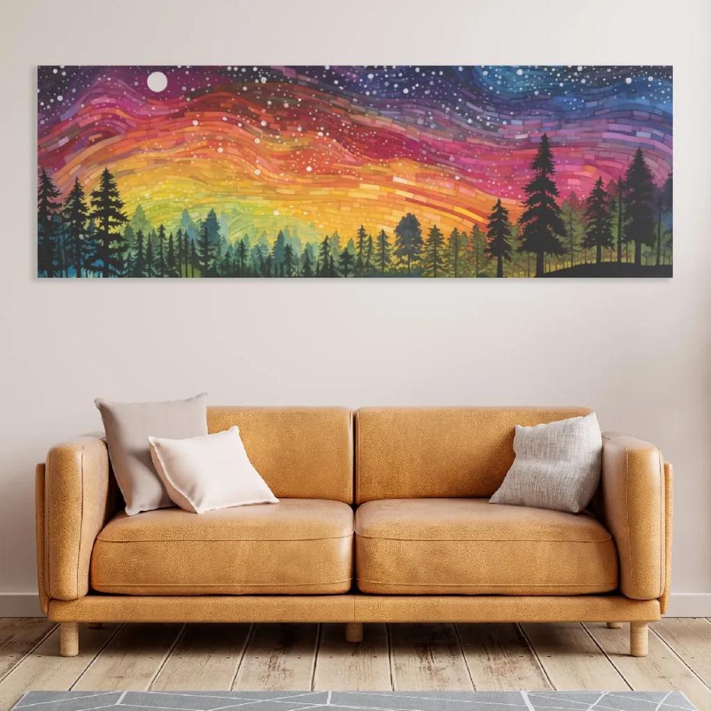 Obraz na plátně - Barevná mozaiková noc s lesem FeelHappy.cz Velikost obrazu: 120 x 40 cm