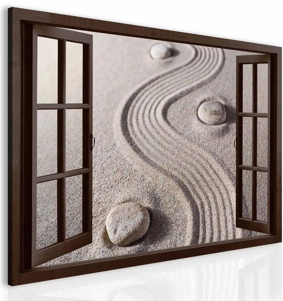 3D obraz okno stopy v písku Velikost (šířka x výška): 60x40 cm