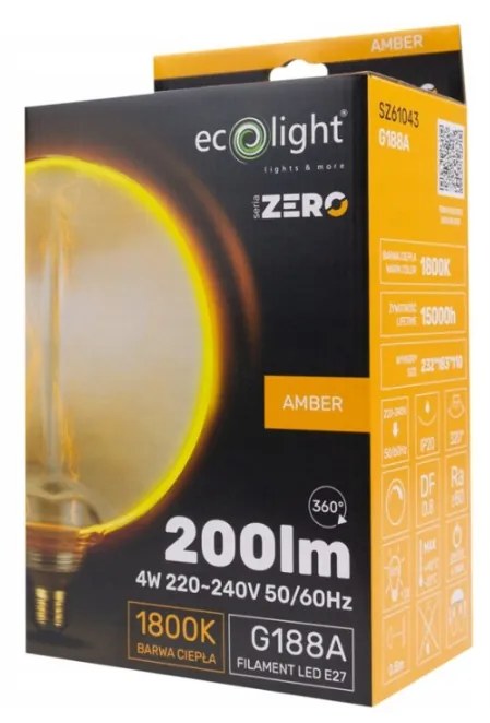 ECOLIGHT Dekorativní LED žárovka E27 4W 200lm G188 Amber Retro - řada ZERO