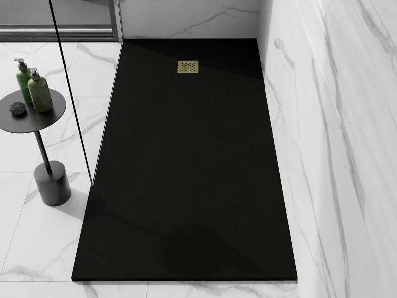 Mexen Stone+, obdélníková vanička z minerálního kompozitu 160 x 100 cm, černá, zlatá lesklá krytka, 44701016-G