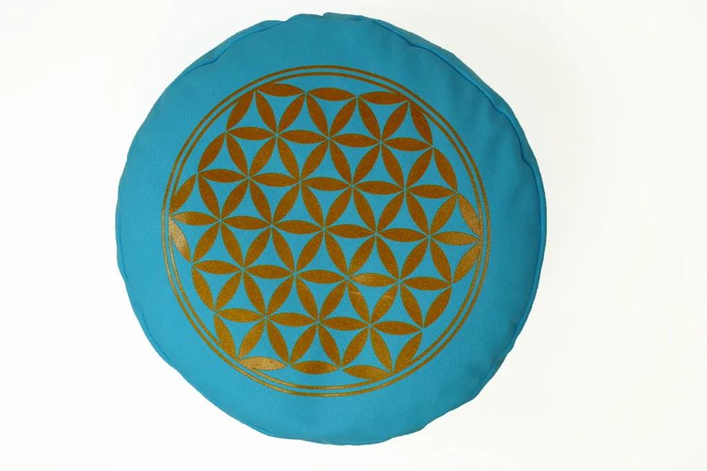S radostí - vlastní výroba Meditační polštář se zlatým Květem života - tyrkysový Velikost: ∅30 x v18 cm