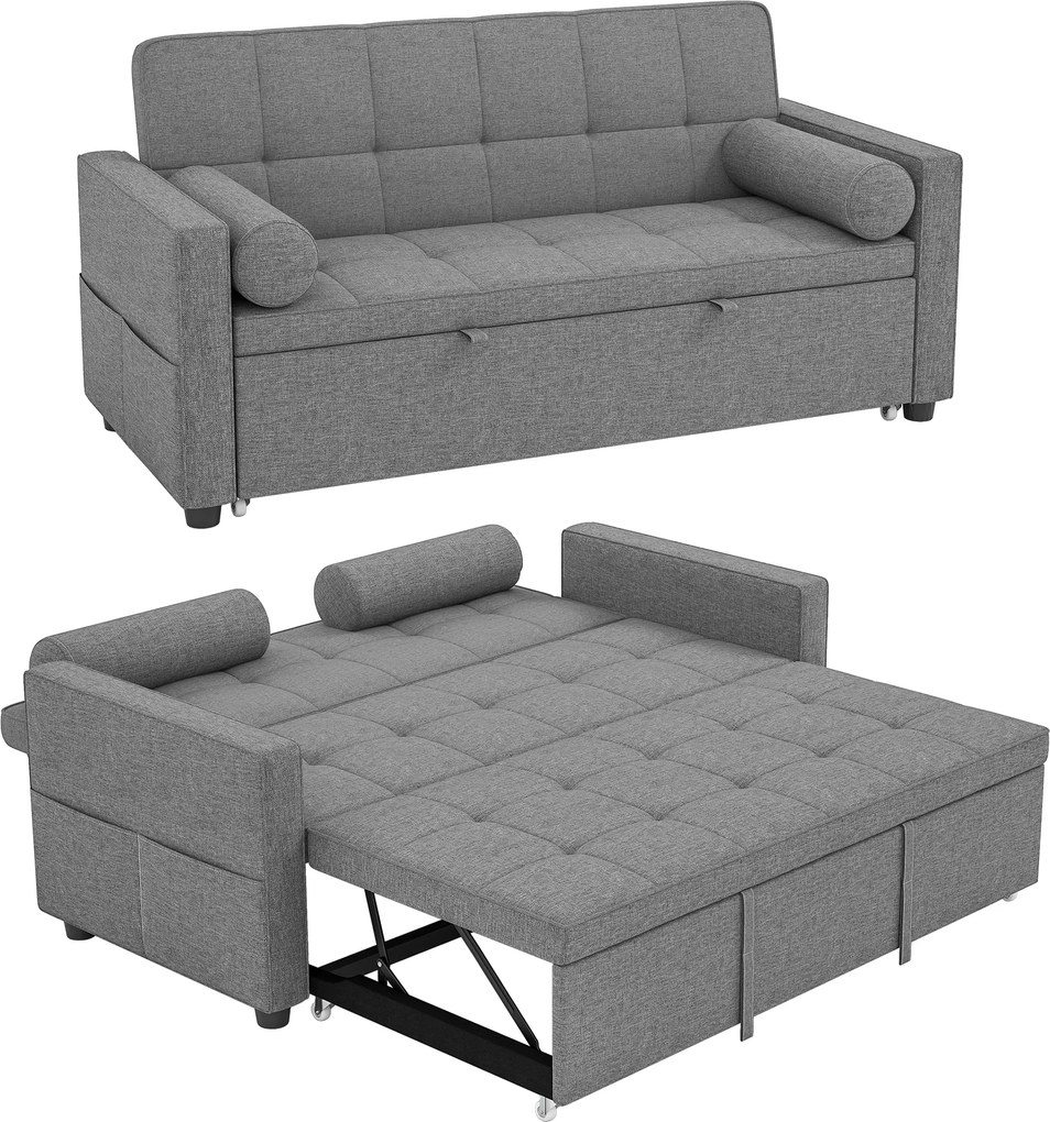 HOMCOM 2místná rozkládací pohovka 3‑v‑1 s dvojlůžkem, nastavitelným opěradlem a 2 polštáři 151x137,5x84 cm, šedá