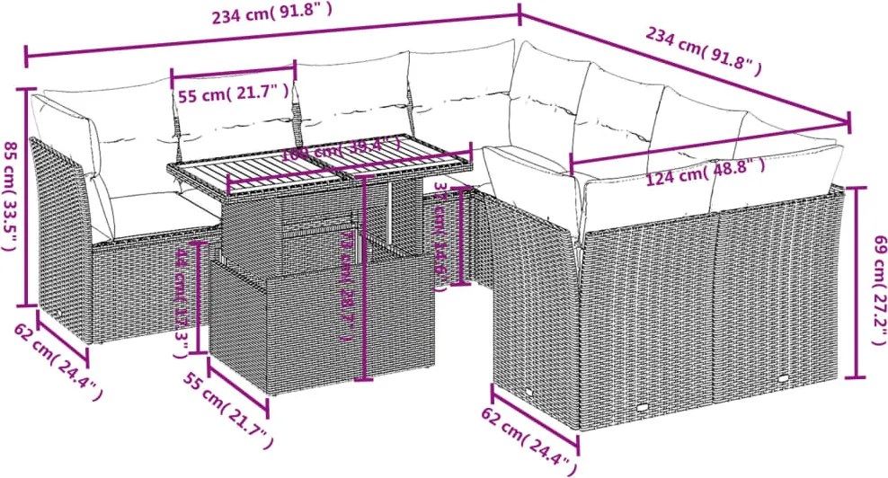 9dílná zahradní sedací souprava s poduškami černá polyratan 3270720