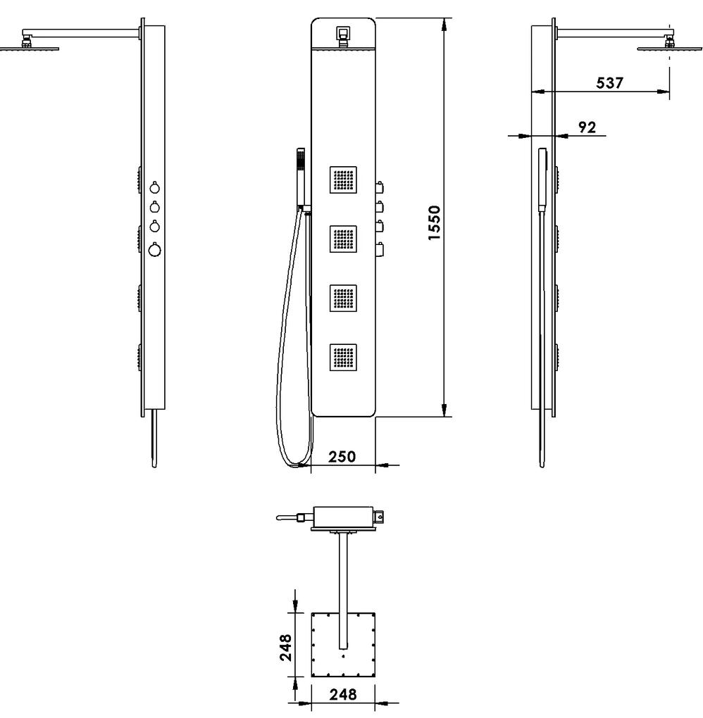 Polysan SPIRIT SQUARE termostatický sprchový panel nástěnný, 250x1550mm, černá - 81251