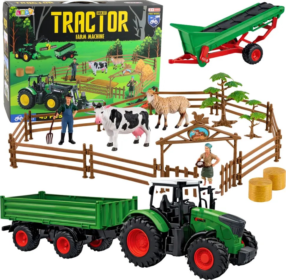 LEAN Toys Zemědělská sada: Traktor s přívěsem, zvířata, farmáři, farma, 45 dílů