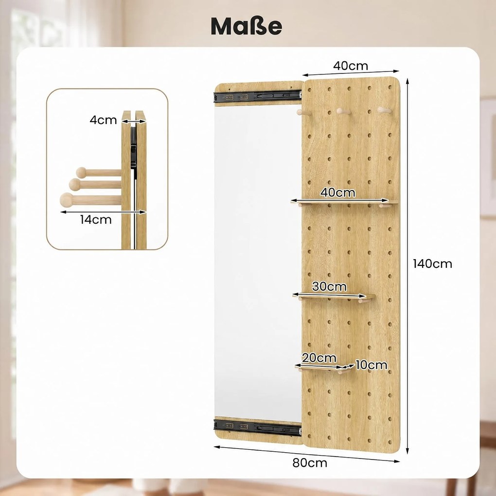 Costway Nástěnné zrcadlo 140 cm s děrovaným panelem a policemi
