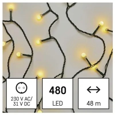 EMOS LED venkovní vánoční řetěz CHERRY, 480xLED, teplá bílá, 48m, časovač, kuličky, zelený ZY1605T