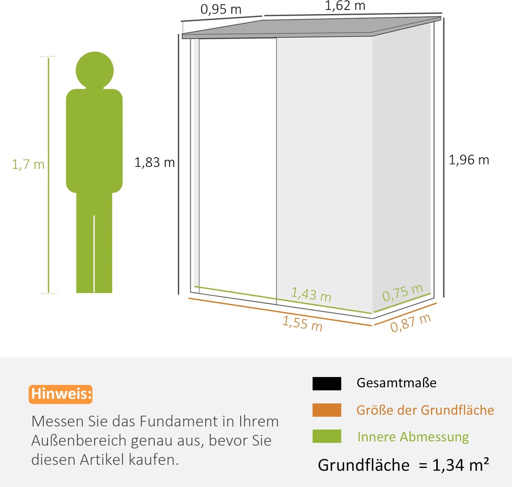 Zahradní kůlna Outsunny 1,34 m² s pultovou střechou, uzamykatelný nástrojový kabinet, vyrobený z pozinkované oceli, 161,5 x 94,5 x 196 cm, hnědý