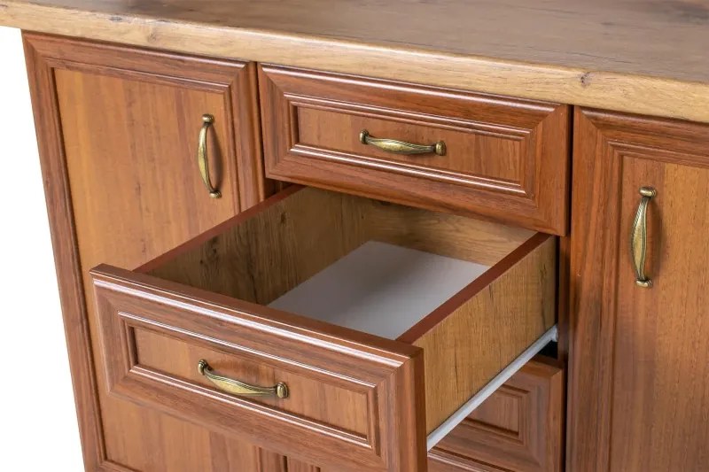 Kredenc Ramiak 120, ořech ecco/akacia (sklo hranaté, u13 zlato, deska lancelot)