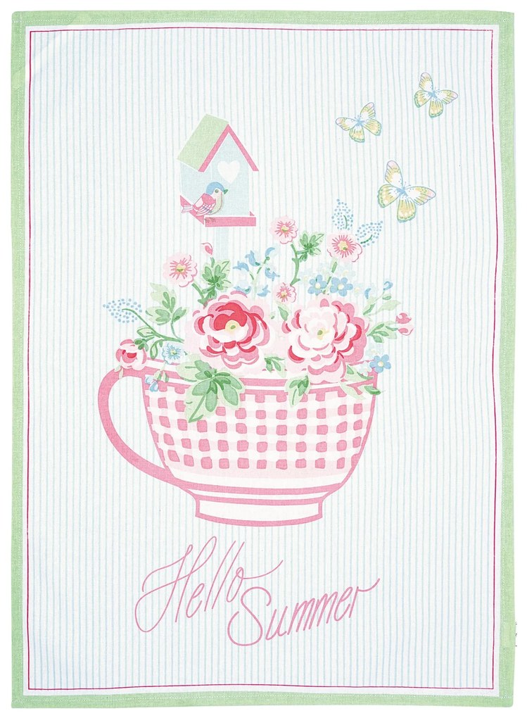 GREEN GATE Bavlněná utěrka Alma Summer White, růžová barva, zelená barva, textil