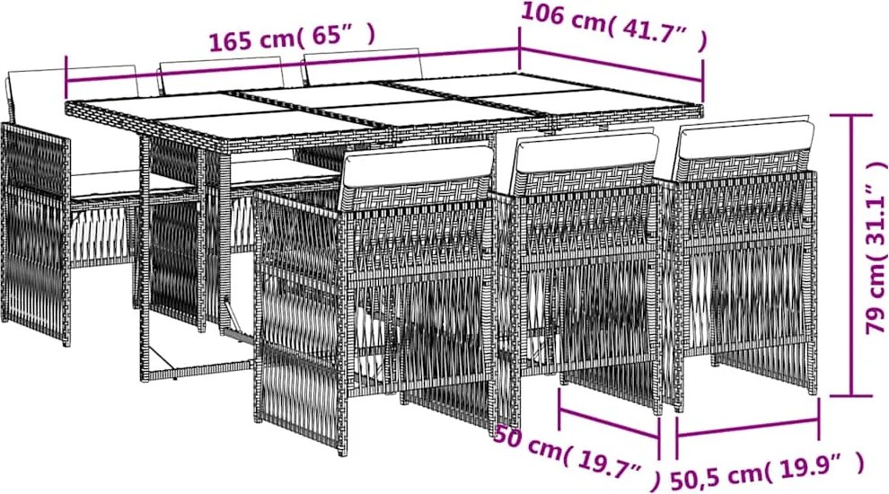 7dílný zahradní jídelní set s poduškami černý polyratan 3210906