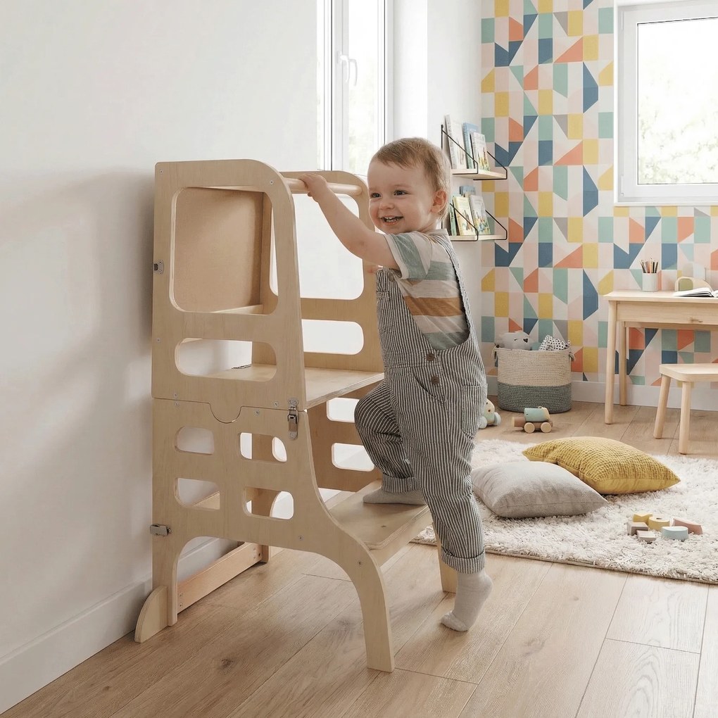 Montessori učící věž 3v1 s tabulí, přírodní, MAGAN
