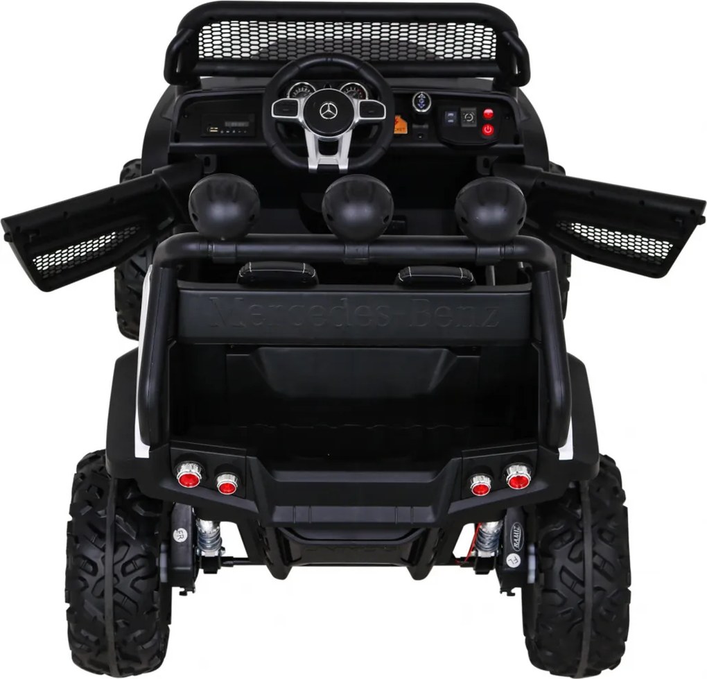 Ramiz Mercedes Benz Unimog elektrické autíčko pro děti bílé + pohon 4x4 + dálkové ovládání + nosič zavazadel + pomalý start + MP3 + LED