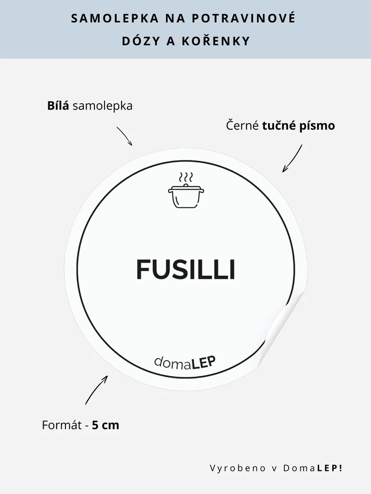 FUSILLI  – bílá samolepka na dózu, tučné písmo, 5 cm | DomaLEP