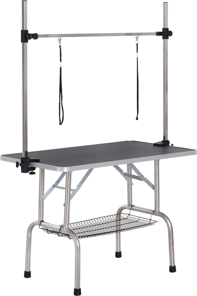 PawHut Trimovací stůl výškově nastavitelný skládací stůl pro psy s košíkem pod ním 107x60x170cm v černé barvě
