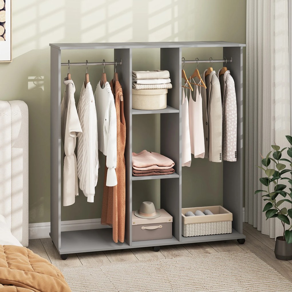 HOMCOM Šatní skříň s tyčí na oblečení, mobilní úložný nábytek 6 koleček 120 x 40 x 128 cm, šedá