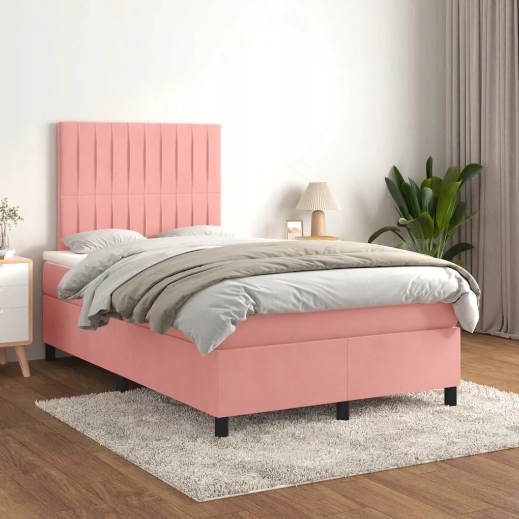 Box Spring Postel S Matrací Samet Růžová Svislé pruhy 120 x 200 cm