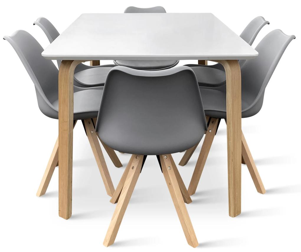 Dřevěný jídelní set ZAHA bílý + 6x židle Gina šedá
