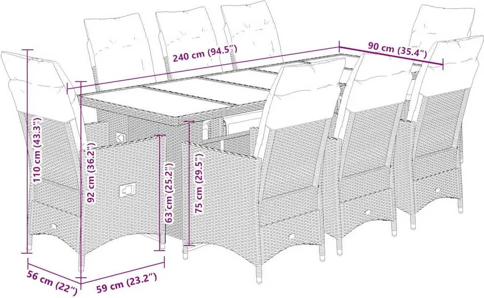 9dílný zahradní bistro set s poduškami černý polyratan 3277255