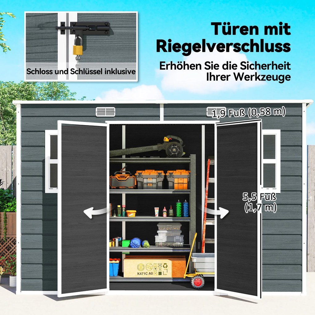 Outsunny zahradní domek 3,2 m² (303 × 123 × 197 cm) – plastový skladovací domek s okny, dvoukřídlými dveřmi, uzamykatelným větráním a podlahou ve vzh…