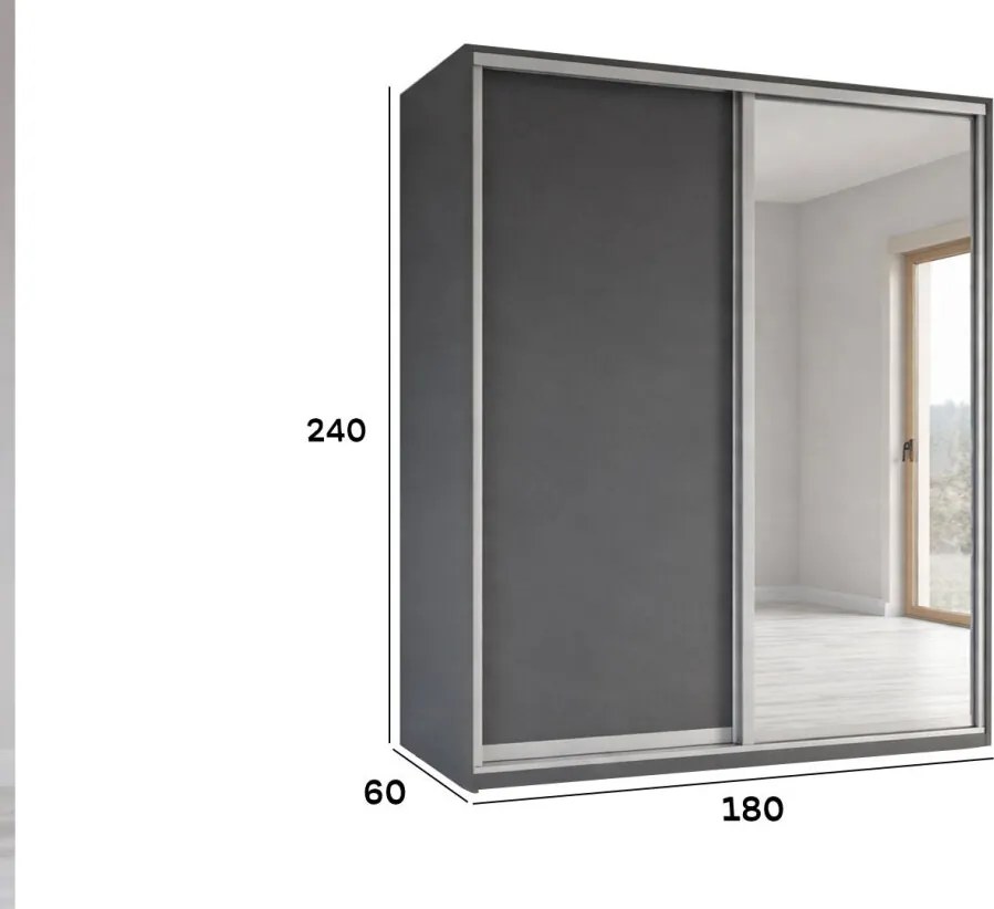 Skříň s posuvnými dveřmi 1800x2400x600 1LTD 1 Zrcadlo grafit šedý, profil stříbrný