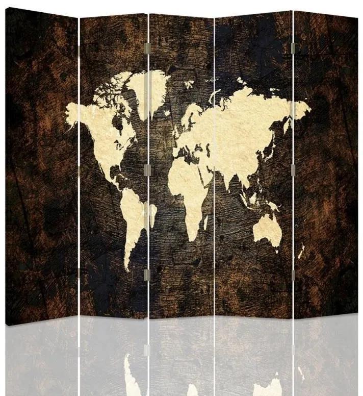 Ozdobný paraván, Mapa světa na tmavých deskách - 180x170 cm, pětidílný, klasický paraván