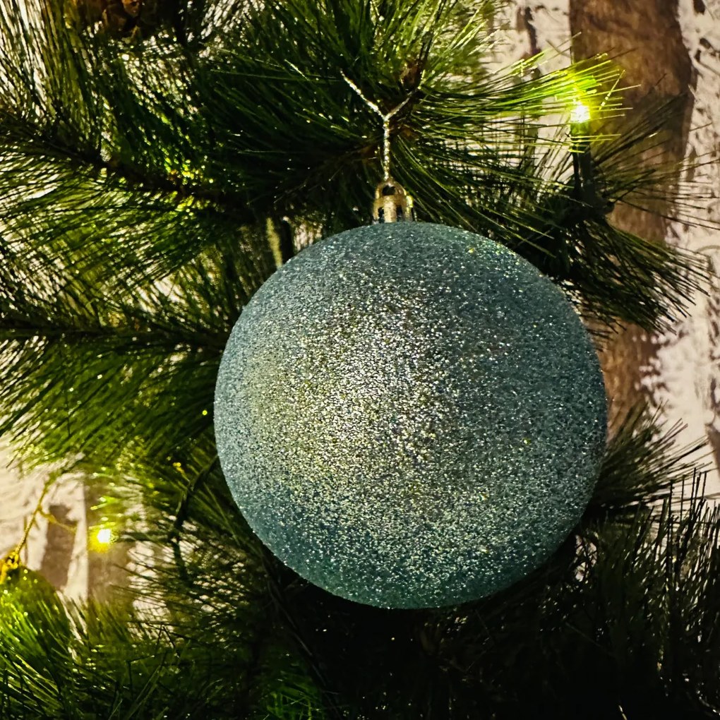 Sada vánočních ozdob světle modrá glitter 10 cm plastová koule, balení 6 ks
