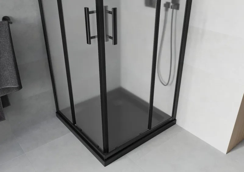 Mexen Rio, čtvercový sprchový kout s posuvnými dveřmi 70 (dveře) x 70 (dveře) x 190 cm, 5mm sklo námraza, černý profil + černá sprchová vanička SLIM, 860-070-070-70-30-4070B