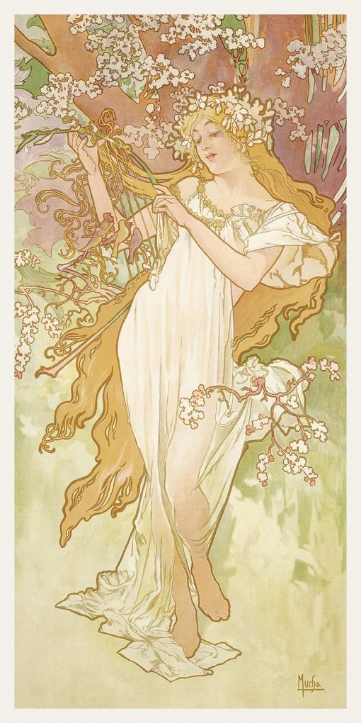 Obrazová reprodukce The Seasons: Spring (Art Nouveau Portrait) - Alphonse Mucha, (20 x 40 cm)