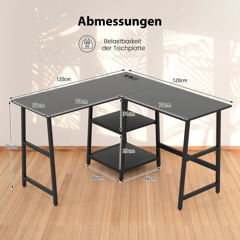 Costway Desk Rohový stůl ve tvaru L se zásuvkami a USB porty – 120 × 120 × 75 cm