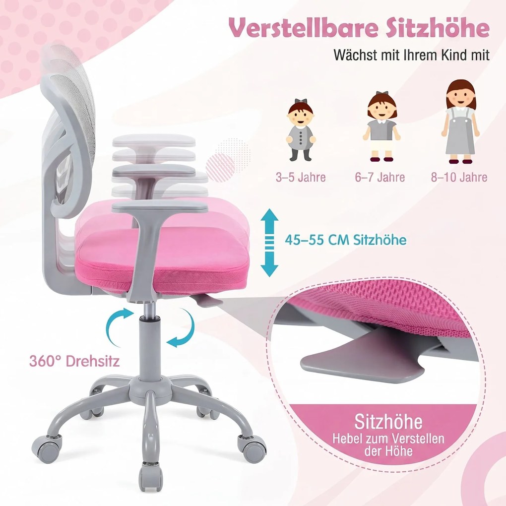 Costway Ergonomická dětská psací židle s nastavitelnou výškou a – tmavě růžová