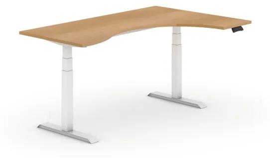 Výškově nastavitelný stůl, elektrický, 625-1275 mm, ergonomický pravý, deska 1800x1200 mm, buk, bílá podnož