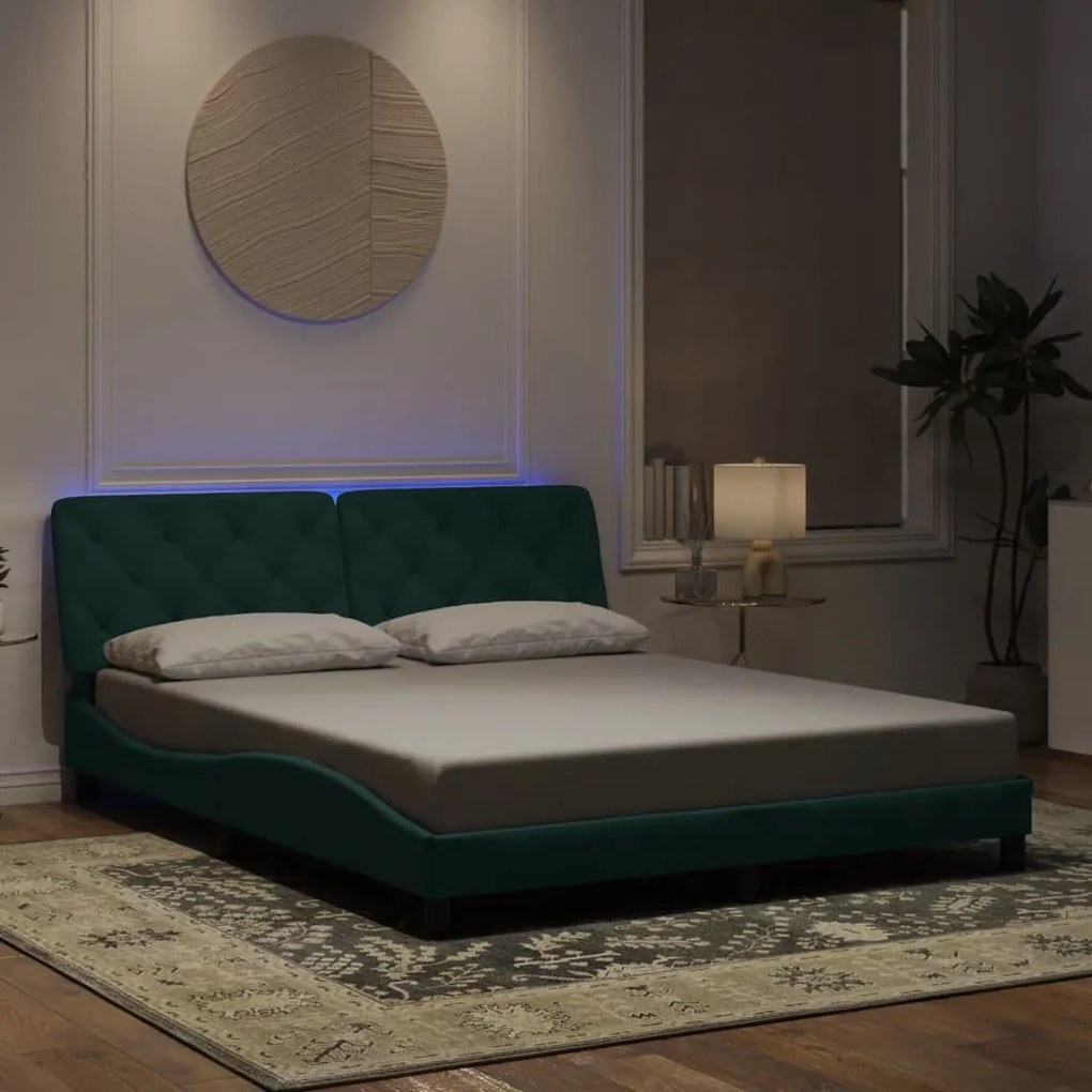 Rám postele s LED bez matrace tmavě zelený 160 x 200 cm samet 3213864