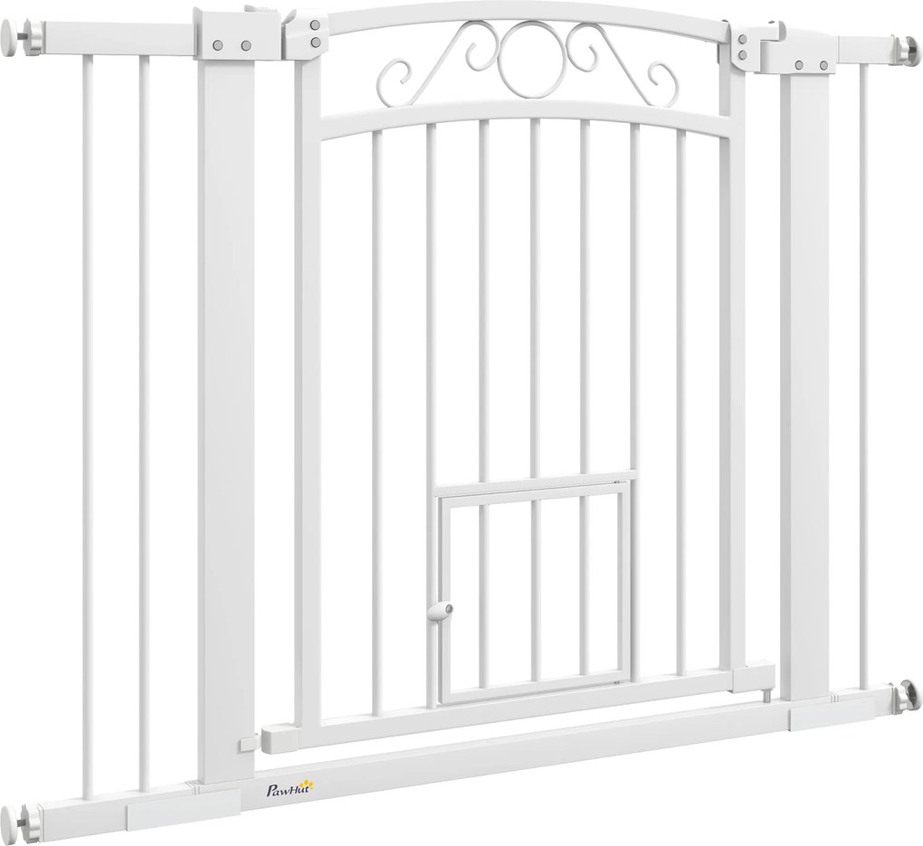 PawHut Indoor Dog Safety Gate, Dveře pro psy s 2 prodlouženími 76-104 cm a kočičími dvířky, Výška pet brány 77 cm, pro chodby a schody, Bílá | Aosom