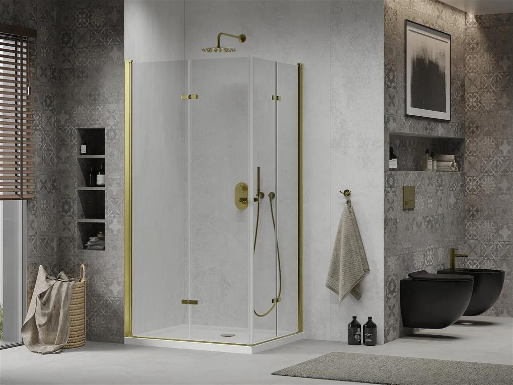 Mexen Lima Duo, sprchový kout se skládacími dveřmi 100 (dveře) x 90 (dveře) cm, 6mm čiré sklo, zlatý profil + slim sprchová vanička bílá + zlatý sifon, 856-100-090-50-02-4010G