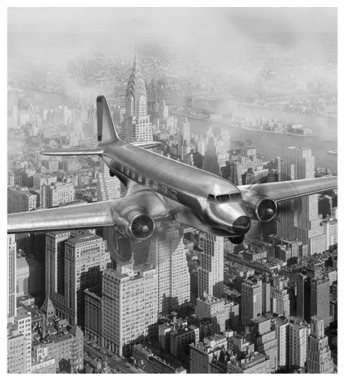 DIMEX | Vliesová fototapeta na zeď Letadlo nad městem MS-3-0006 | 225 x 250 cm | černobílá