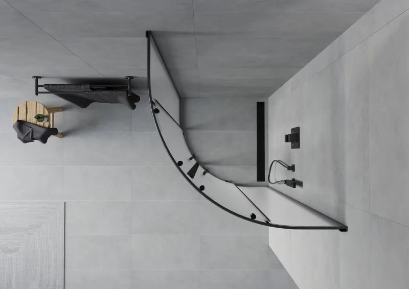 Mexen Rio, čtvrtkruhový sprchový kout 90(dveře)x90(dveře)x190 cm, 5mm sklo námraza, černý profil, 863-090-090-70-30