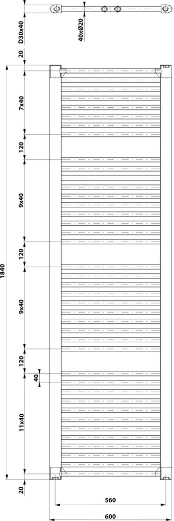 Aqualine Sapho, DIRECT otopné těleso s bočním připojením 600x1850 mm, 1148 W, bílá